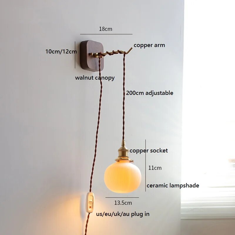 Applique murale led noyer cuivre moderne baguette plug-in | Lumeers.com